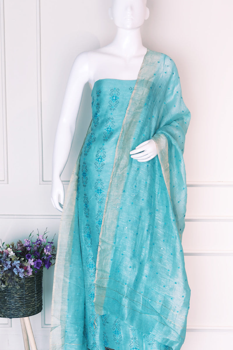 Sky Blue Color Linen Unstitched Salwar Set | Mahek Designs